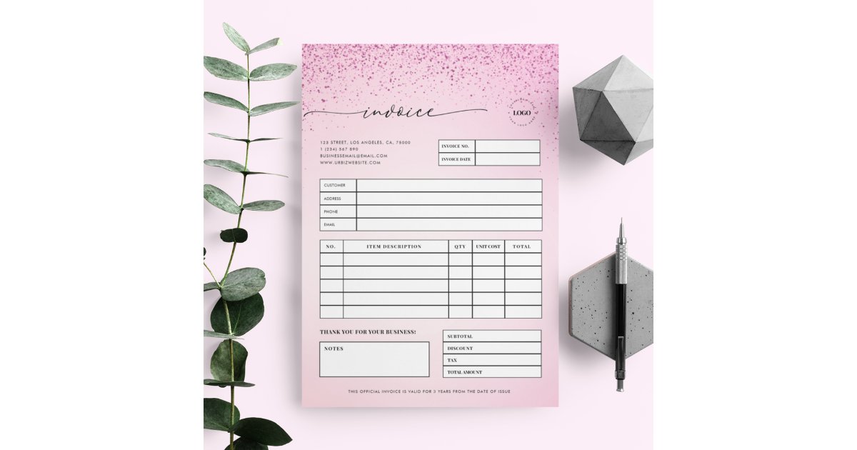 Pink Glitter Small Business Sales Invoice Receipt Letterhead | Zazzle
