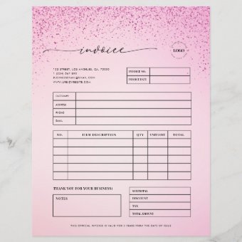 Pink Glitter Small Business Sales Invoice Receipt Letterhead | Zazzle