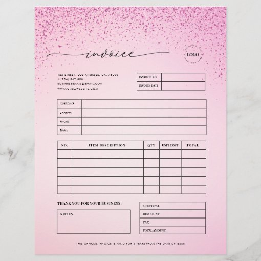 Pink Glitter Small Business Sales Invoice Receipt Letterhead | Zazzle