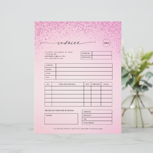 Pink Glitter Small Business Sales Invoice Receipt Letterhead | Zazzle