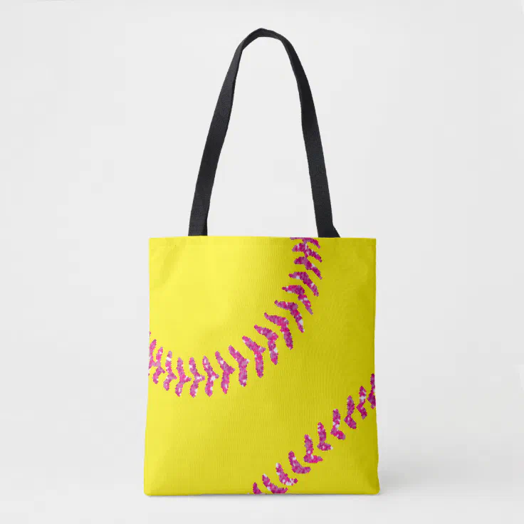 Pink Glitter Softball Stitches Tote Bag | Zazzle