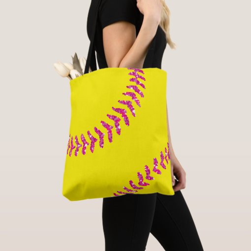 Pink Glitter Softball Stitches Tote Bag | Zazzle