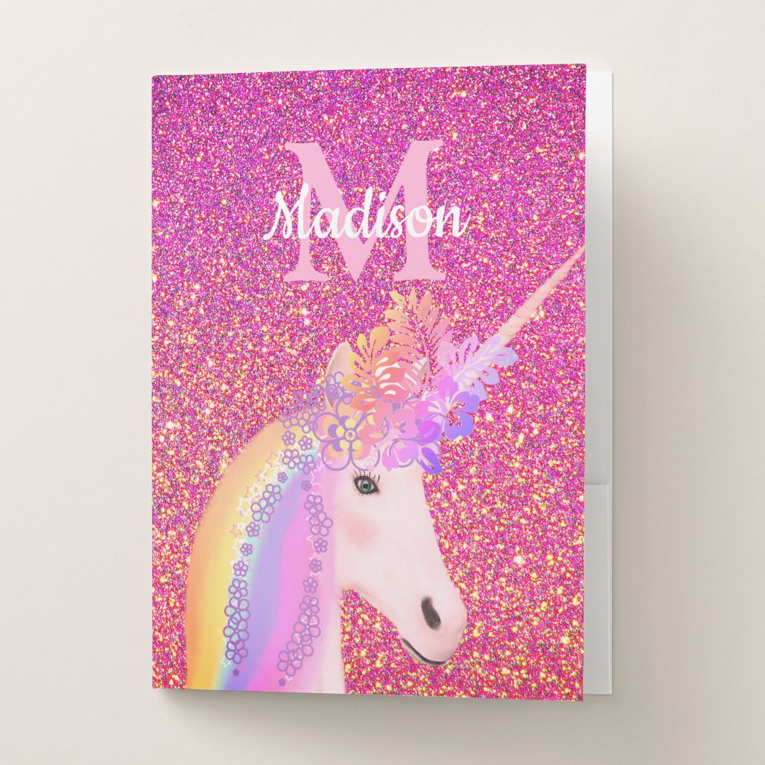 Pink Glitter Unicorn Back to School Personalized Pocket Folder | Zazzle