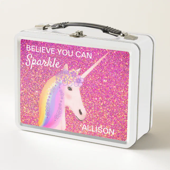 Pink Glitter Unicorn Girly Sparkle Personalized Metal Lunch Box | Zazzle