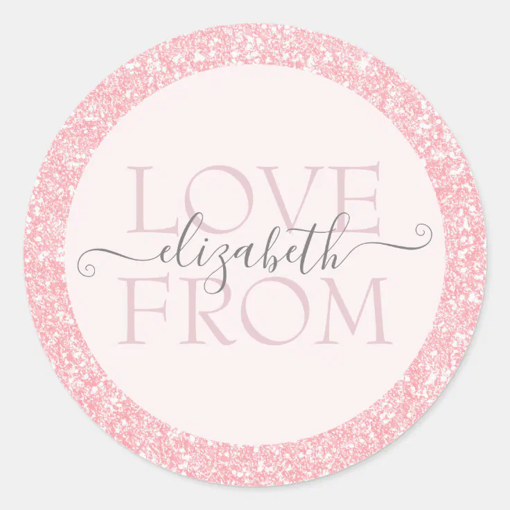 Pink Glitter With Love Name Custom Classic Round Sticker | Zazzle