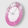 Pink glitter with white and pink faux marble large clock | Zazzle