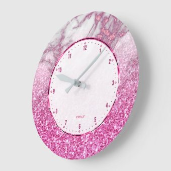 Pink glitter with white and pink faux marble large clock | Zazzle