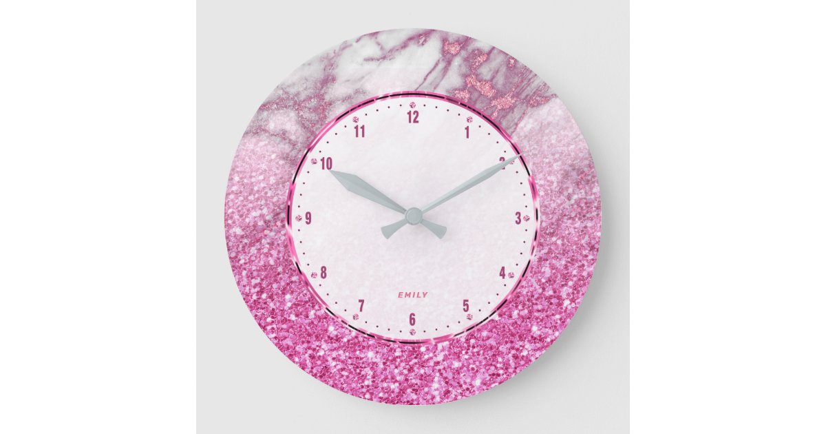 Pink glitter with white and pink faux marble large clock | Zazzle
