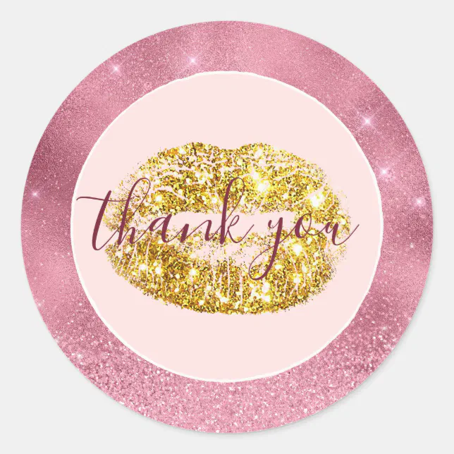 Pink Glitz Gold Lips Thank you Classic Round Sticker | Zazzle