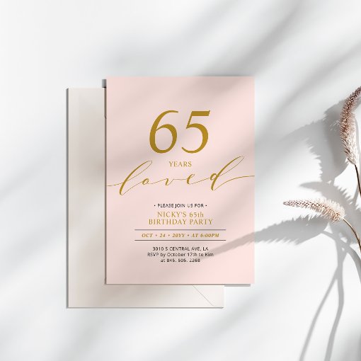 Pink & Gold | 65 Years Loved 65th Birthday Party Invitation | Zazzle