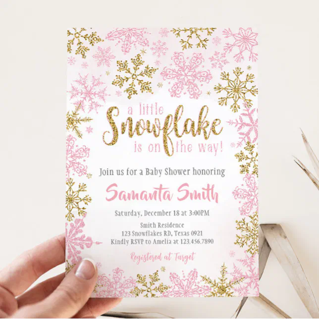 Pink Gold A Little Snowflakes is on the way Invitation | Zazzle