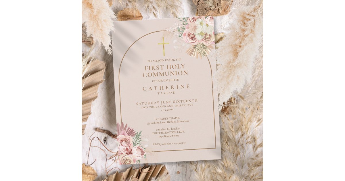 Pink Gold Arch Pampas Grass First Holy Communion Invitation | Zazzle