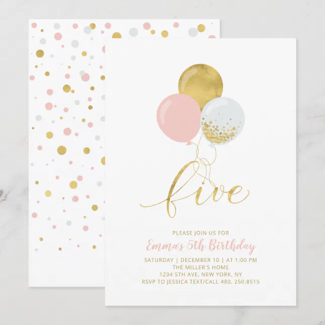 Pink & Gold Balloons | Girl 5th Birthday Party Invitation | Zazzle