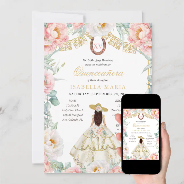 Pink & Gold Charra with Photo Mexican Quinceañera Invitation | Zazzle