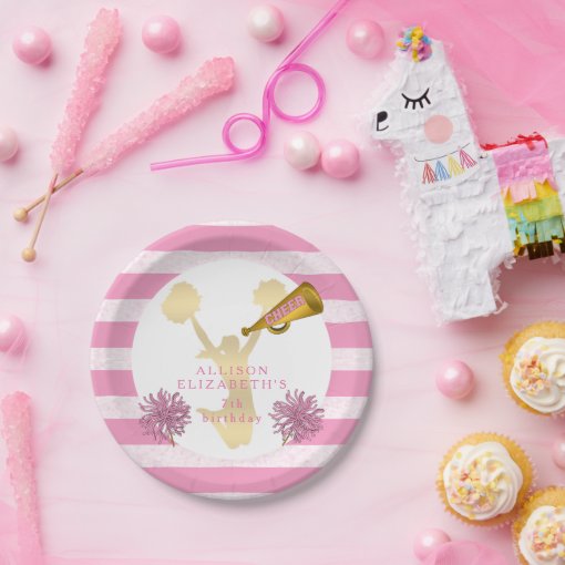 Pink | Gold Cheer Cheerleader Girl Birthday Party Paper Plates | Zazzle