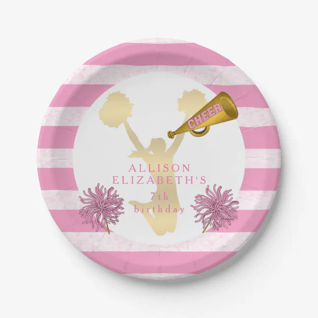 Pink | Gold Cheer Cheerleader Girl Birthday Party Paper Plates | Zazzle