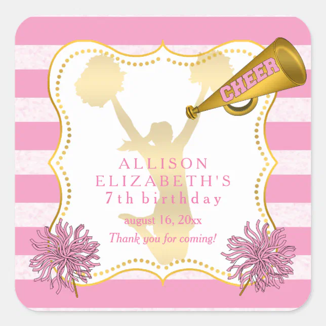 Pink | Gold Cheer Cheerleader Girl Birthday Party Square Sticker | Zazzle