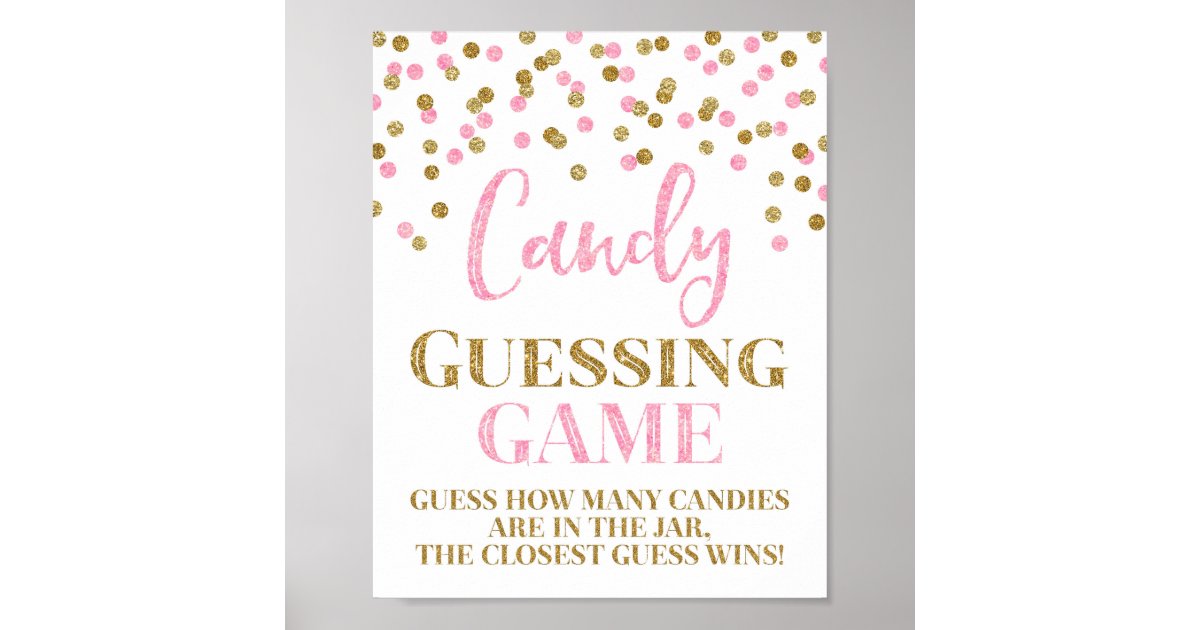 Pink Gold Confetti Candy Guessing Game Sign | Zazzle