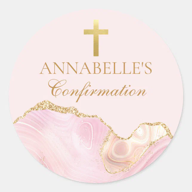 Pink Gold Confirmation Cross Chic Party Classic Round Sticker | Zazzle