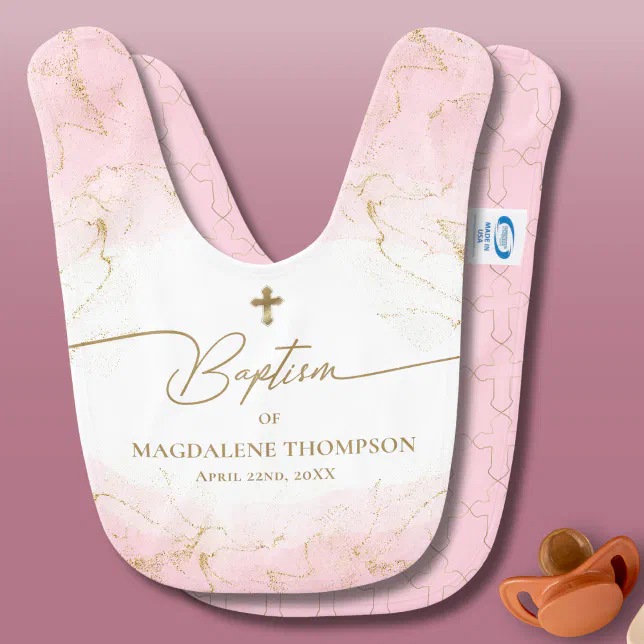 Pink Gold Cross Name Girl Baptism Baby Bib | Zazzle