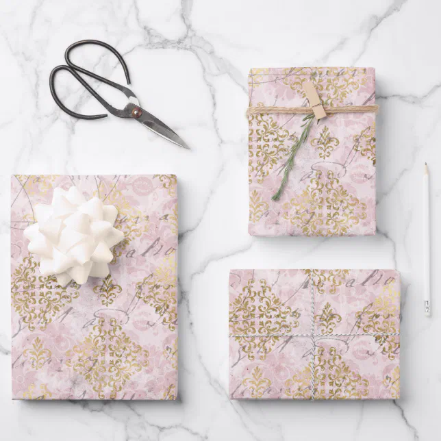 Pink Gold Damask Ephemera Digital Collage Wrapping Paper Sheets | Zazzle