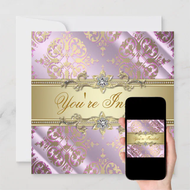 Pink Gold Damask Party Invitation | Zazzle