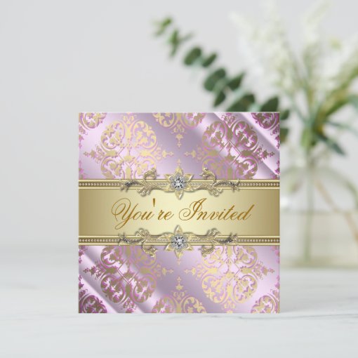Pink Gold Damask Party Invitation | Zazzle