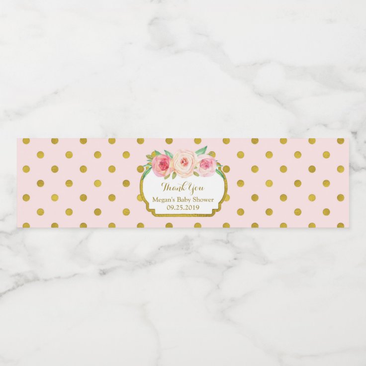 Pink Gold Dots Baby Shower Water Bottle Label | Zazzle