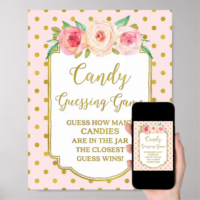 Pink Gold Dots Candy Guessing Game Sign | Zazzle