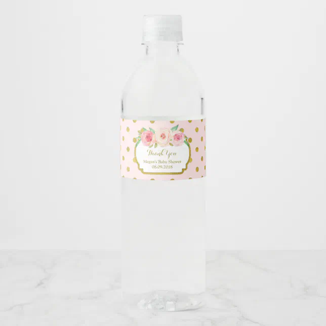 Pink Gold Dots Floral Water Bottle Label | Zazzle