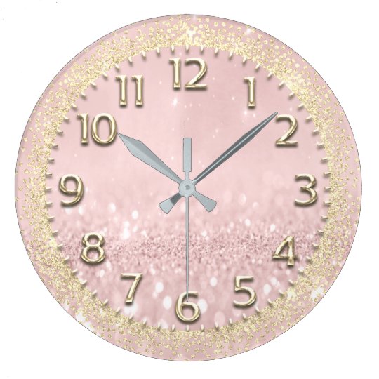 Pink Gold Faux Crystals Glitter Spark Nimber Metal Large Clock | Zazzle.com