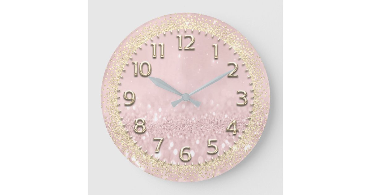 Pink Gold Faux Crystals Glitter Spark Nimber Metal Large Clock | Zazzle