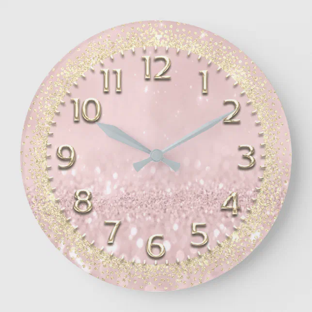 Pink Gold Faux Crystals Glitter Spark Nimber Metal Large Clock | Zazzle