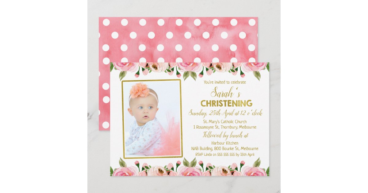 Pink Gold Floral Christening invitation | Zazzle