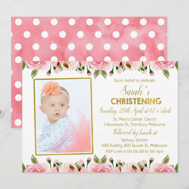 Pink Gold Floral Christening invitation | Zazzle