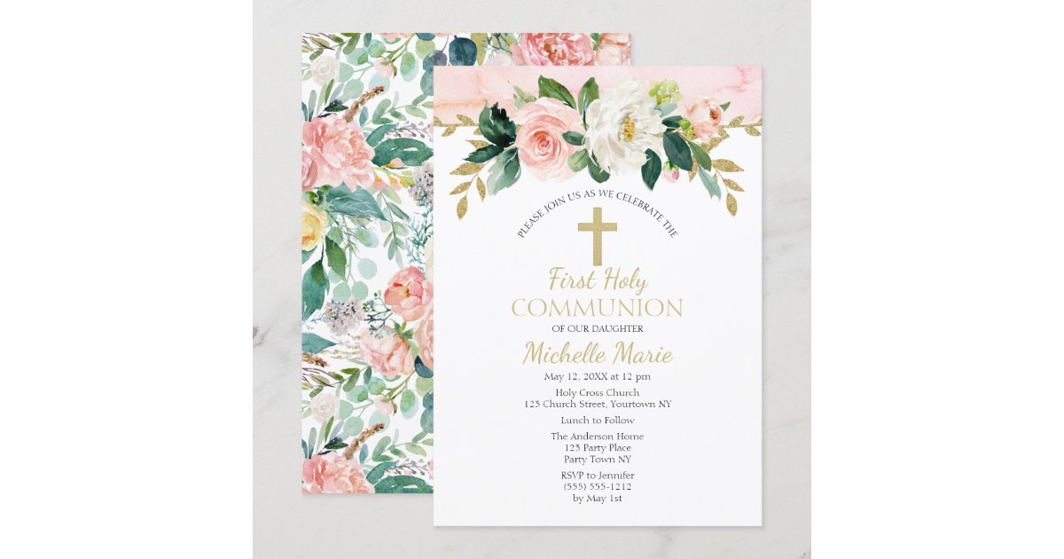 Pink Gold Floral Cross First Holy Communion Girl Invitation | Zazzle