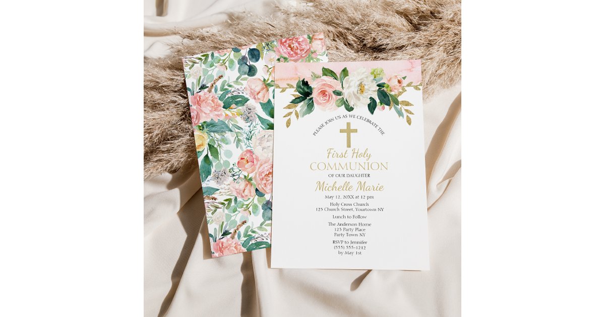 Pink Gold Floral Cross First Holy Communion Girl Invitation | Zazzle