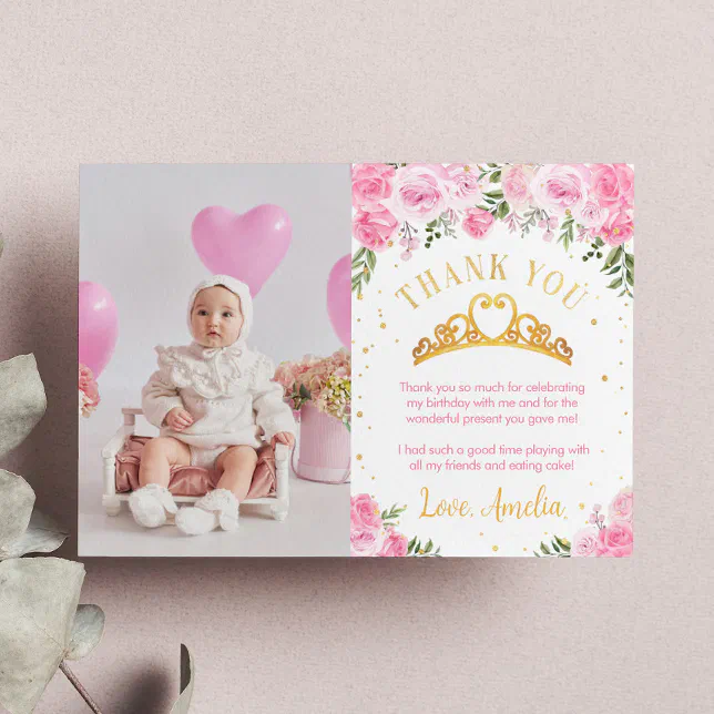 Pink Gold Floral Crow Princess Birthday Thank You Card | Zazzle