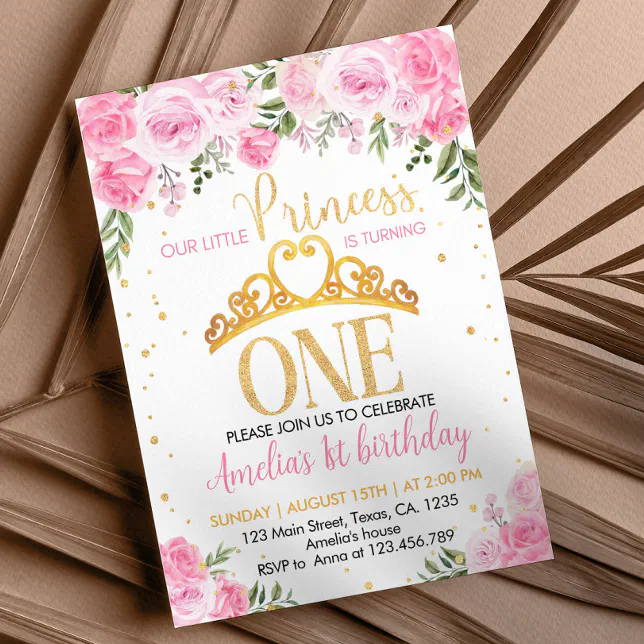Pink Gold Floral Crown Princess 1st Birthday Invitation | Zazzle