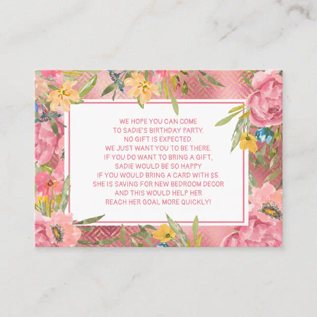 Pink Gold Floral Fiver 5 Dollar Birthday Party Enclosure Card | Zazzle