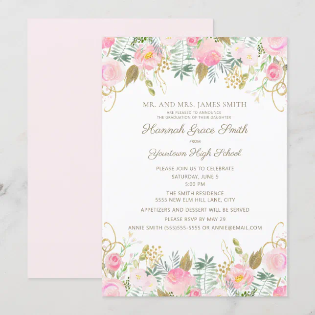 Pink Gold Floral Girls Graduation Party Invitation | Zazzle