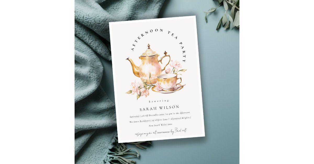 Pink Gold Floral Tea Set Afternoon Tea Party Invitation | Zazzle
