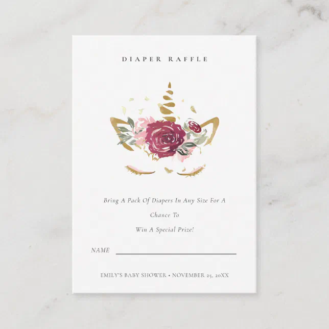 Pink Gold Floral Unicorn Diaper Raffle Baby Shower Enclosure Card | Zazzle