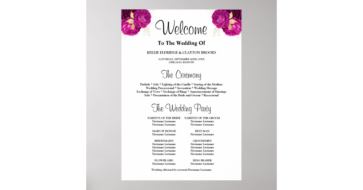 Pink/Gold Floral Wedding Ceremony Program Sign | Zazzle