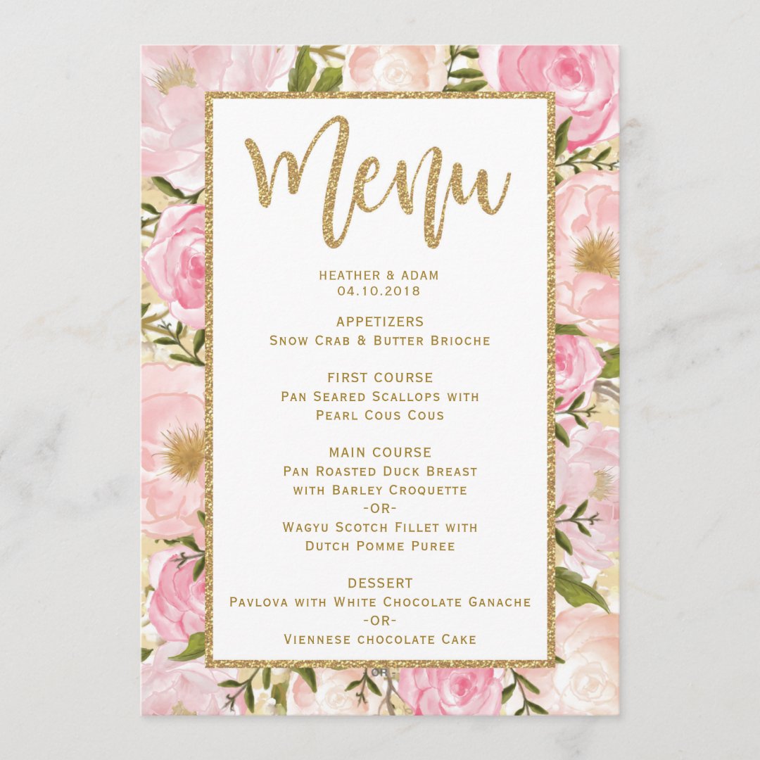 Pink & Gold Floral Wedding Menu Template Card | Zazzle
