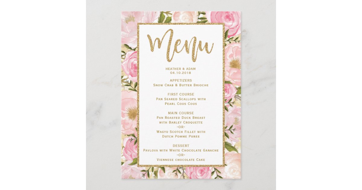 Pink Gold Floral Wedding Menu Template Card Zazzle Pink Gold Floral Wedding Menu Template Card Zazzle
