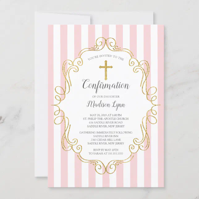 Pink & Gold Frame Girls Confirmation Invitation | Zazzle