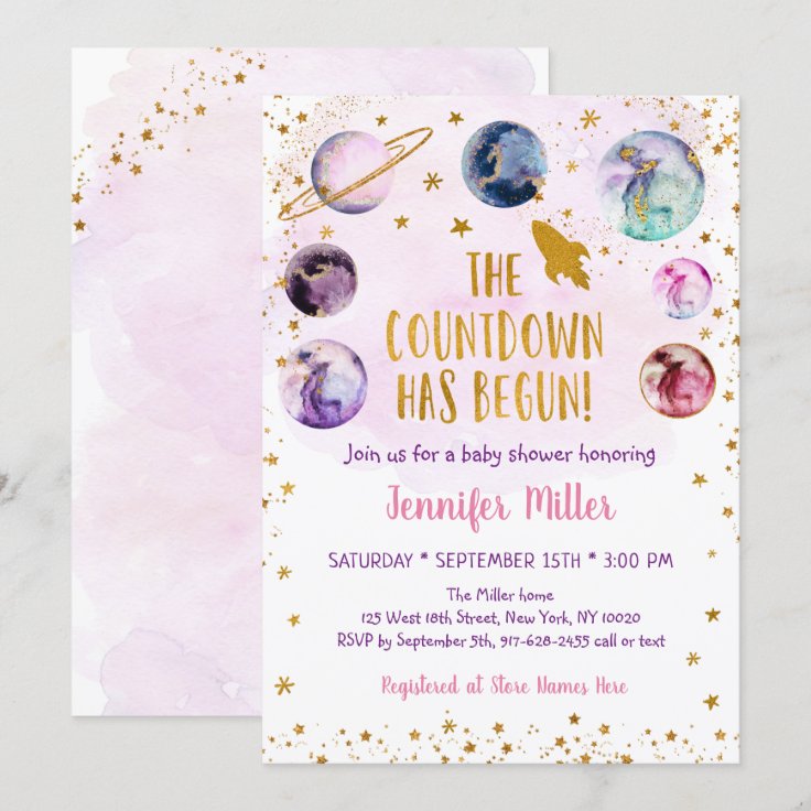 Pink Gold Galaxy Countdown Has Begun Baby Shower Invitation | Zazzle