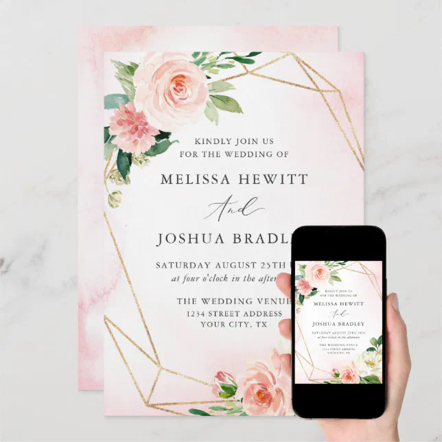 Pink And Gold Geometric Floral Wedding Invitation Zazzle