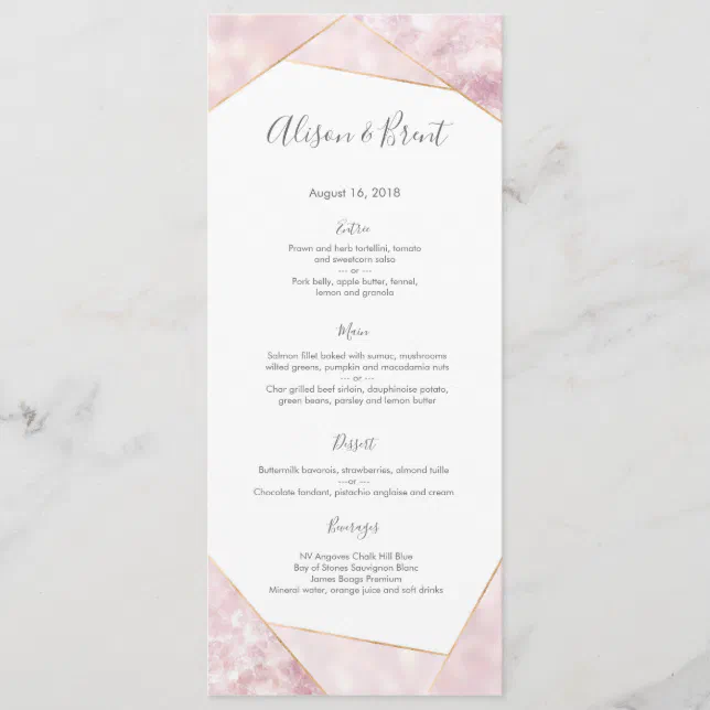 Pink gold geometric Wedding Menu or Program Card | Zazzle
